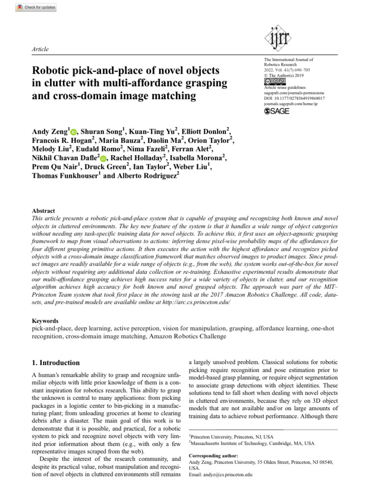 Zeng Et Al 2019 Robotic Pick and Place of Novel Objects in Clutter With Multi Affordance ...