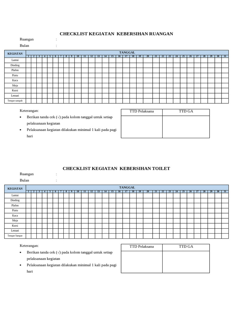Checklist Kegiatan Kebersihan Ruangan | PDF