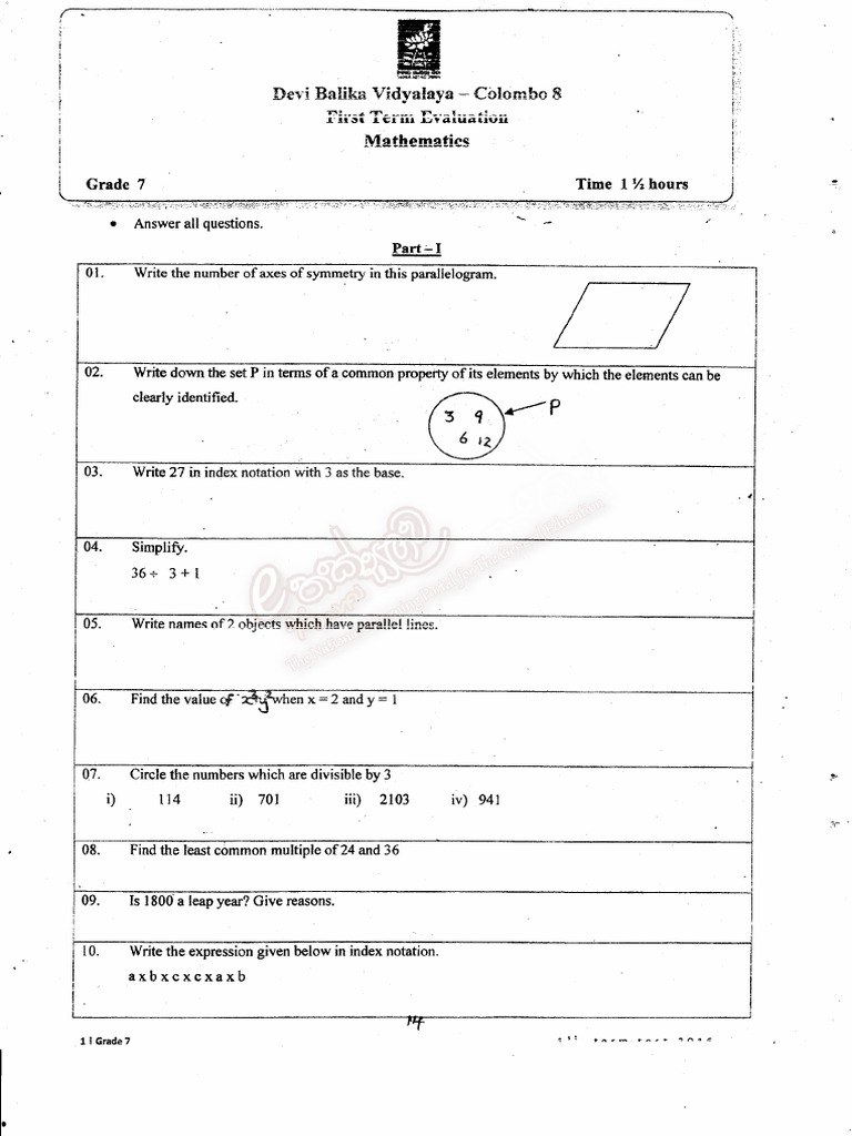 Grade 7 First Term Test Mathematics (EM) - Devi Balika 2016 | PDF Grade 7 First Term Test Mathematics (EM) - Devi Balika 2016 | PDF