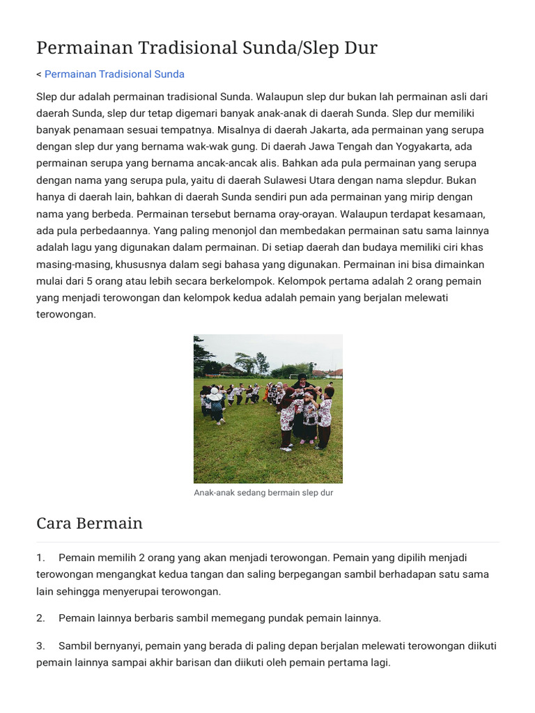 Permainan Tradisional Sunda - Slep Dur - Wikibuku Bahasa Indonesia | PDF