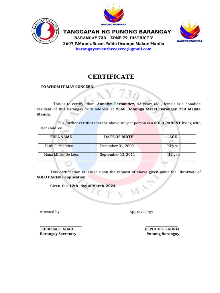 Solo Parent Certification | PDF