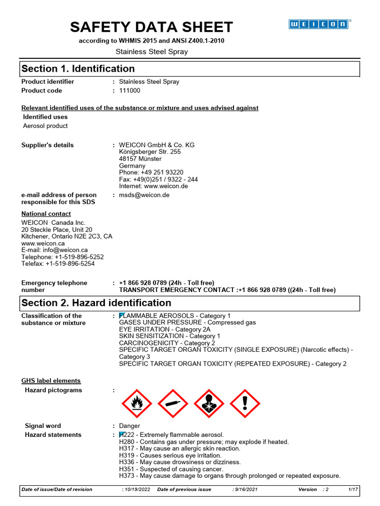 Weicon - Stainless Steel MSDS | PDF