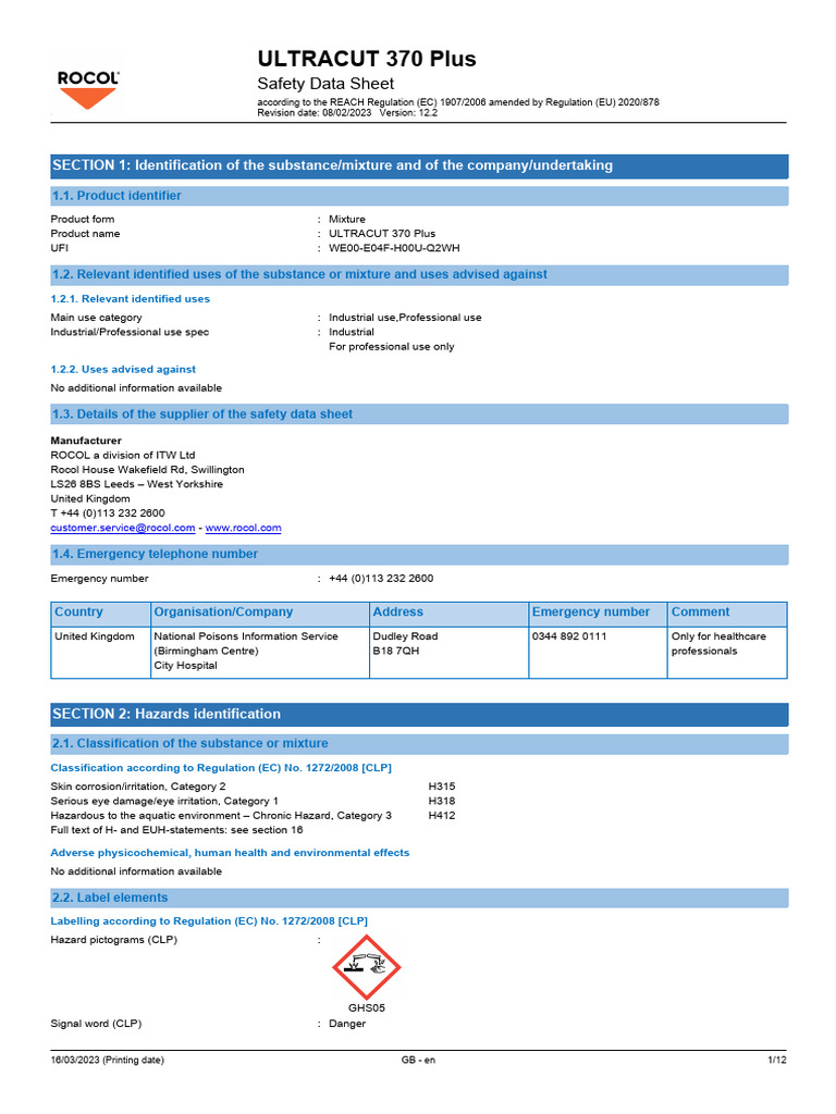 UltraCut 370 Plus MSDS | PDF