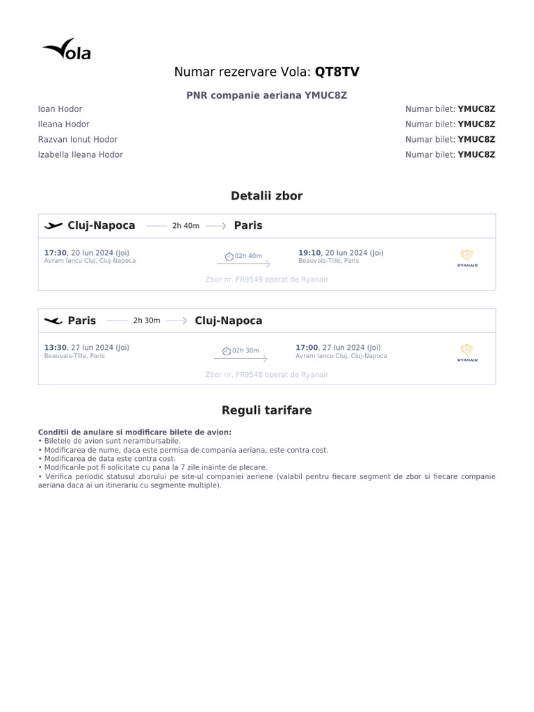 Bilet Avion - Flight Ticket - QT8TV | PDF