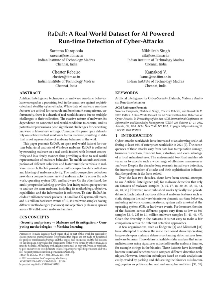 Radar:: A Real-World Dataset For Ai Powered Run-Time Detection of Cyber ...