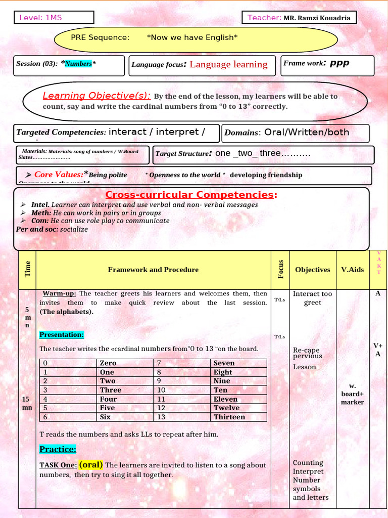 1MS - Lesson-Plan-Numbers - by Ramzi Kouadria 2018-2019 | PDF