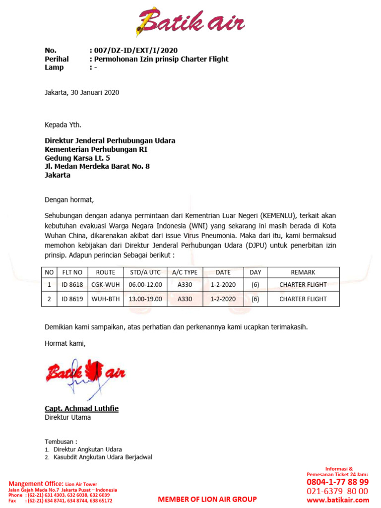 No.: 007/DZ-ID/EXT/I/2020 Perihal: Permohonan Izin Prinsip Charter ...