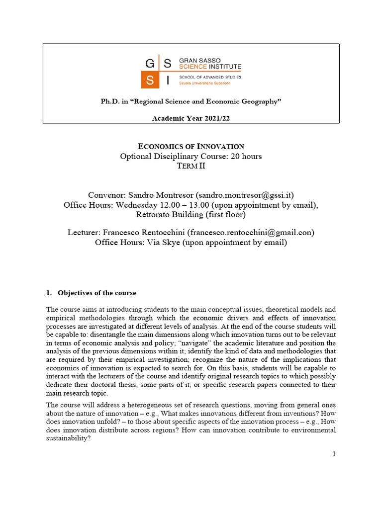 Syllabus 2021 22 Economics of Innovation | PDF