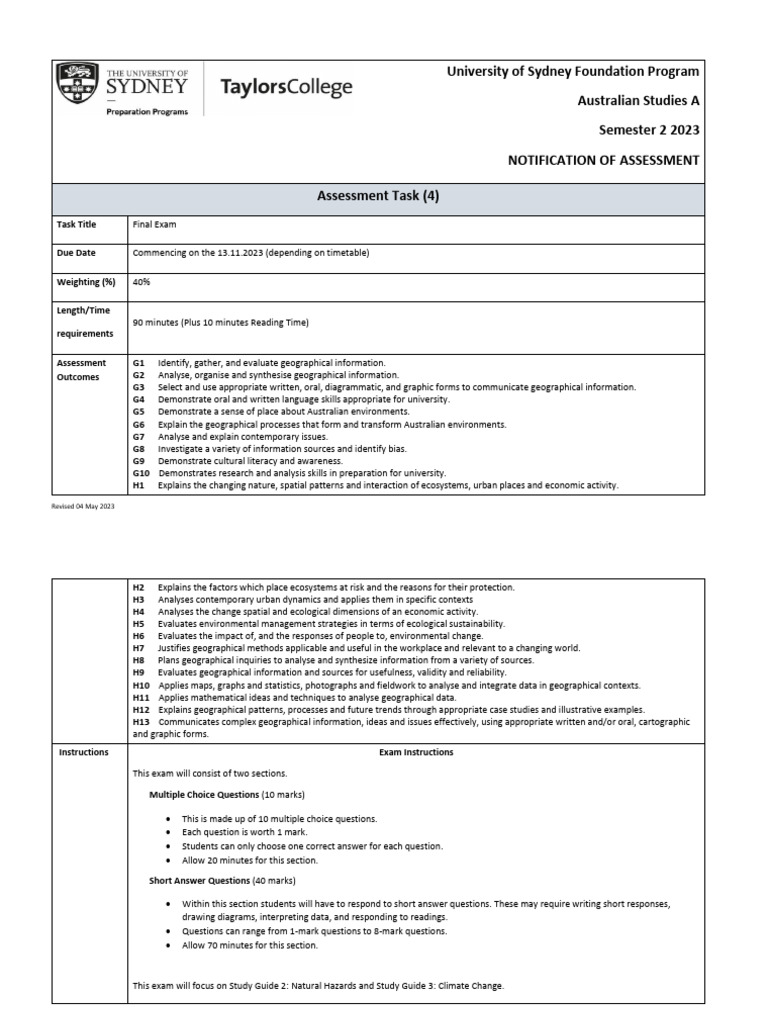 USFP Notification of Assessment. Final Exam. S2 2023 ASA | PDF ...