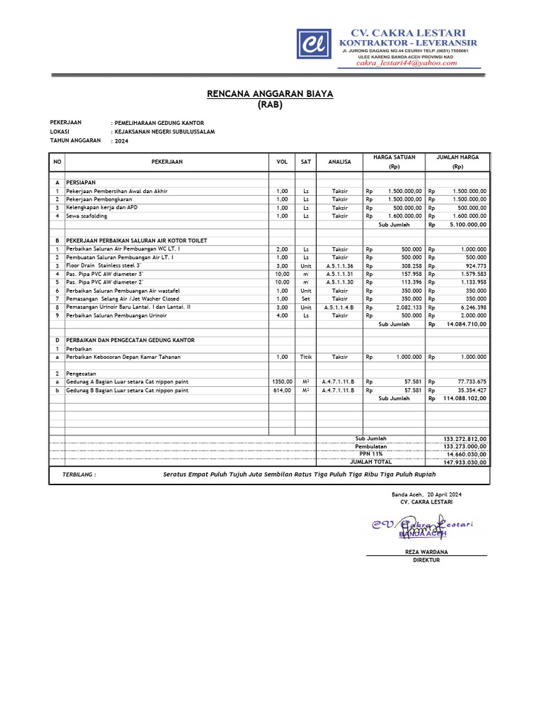 Rencana Anggaran Biaya (RAB) : Seratus Empat Puluh Tujuh Juta Sembilan ...
