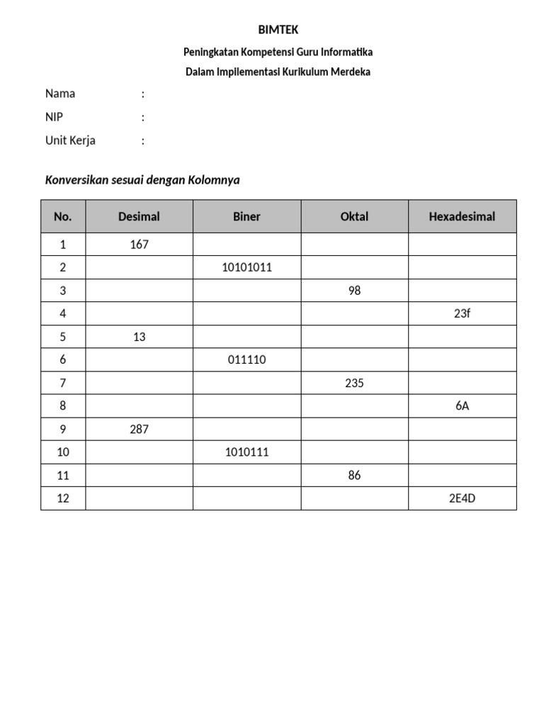 TUGAS - Sistem - Bilangan Latihan Soal Bimtek. | PDF