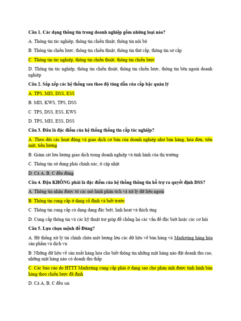 Trac Nghiem HTTT He Thong Thong Tin Quan Ly Quan Tri Kinhn Doanh | PDF