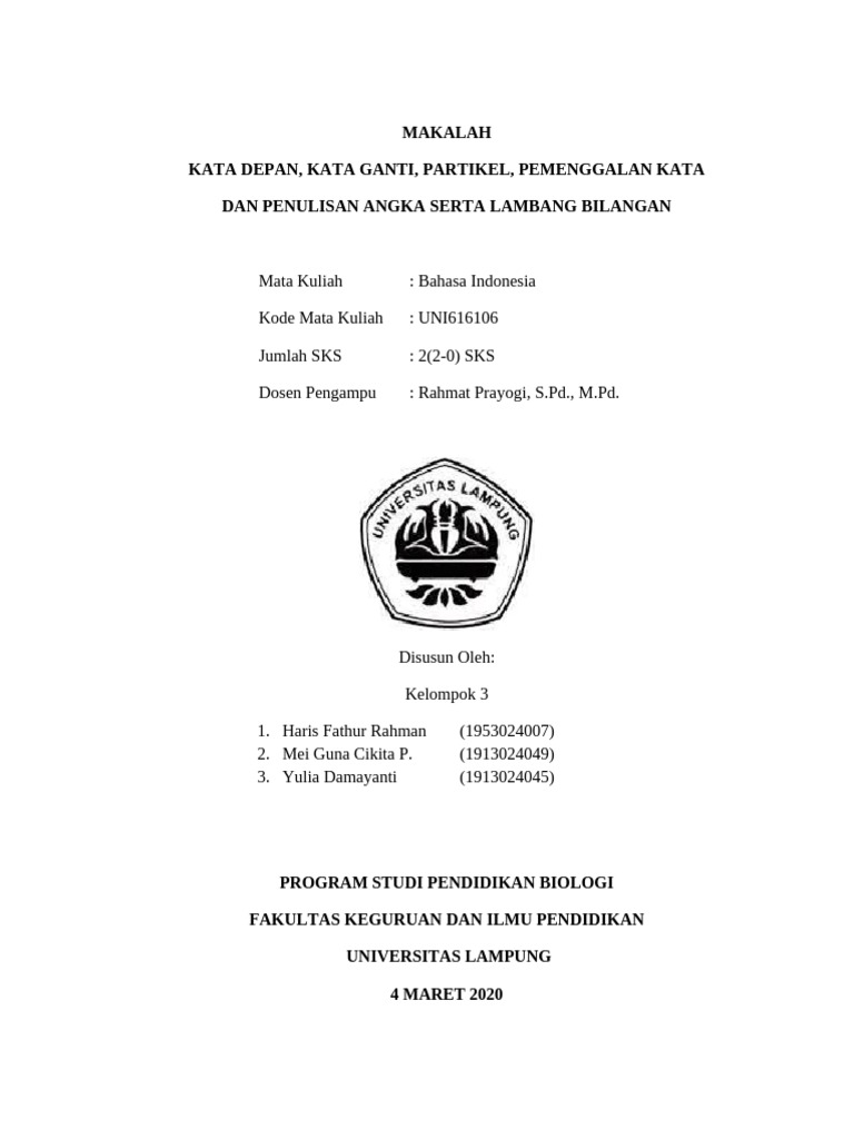 Kelompok 3 Makalah Kata Depan, Kata Ganti, Partikel, Pemenggalan Kata ...