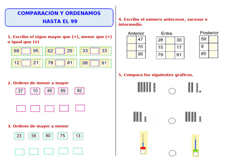 Ficha de Matematica Comparacion y Ordenamiento de Numeros Hasta El 99 | PDF