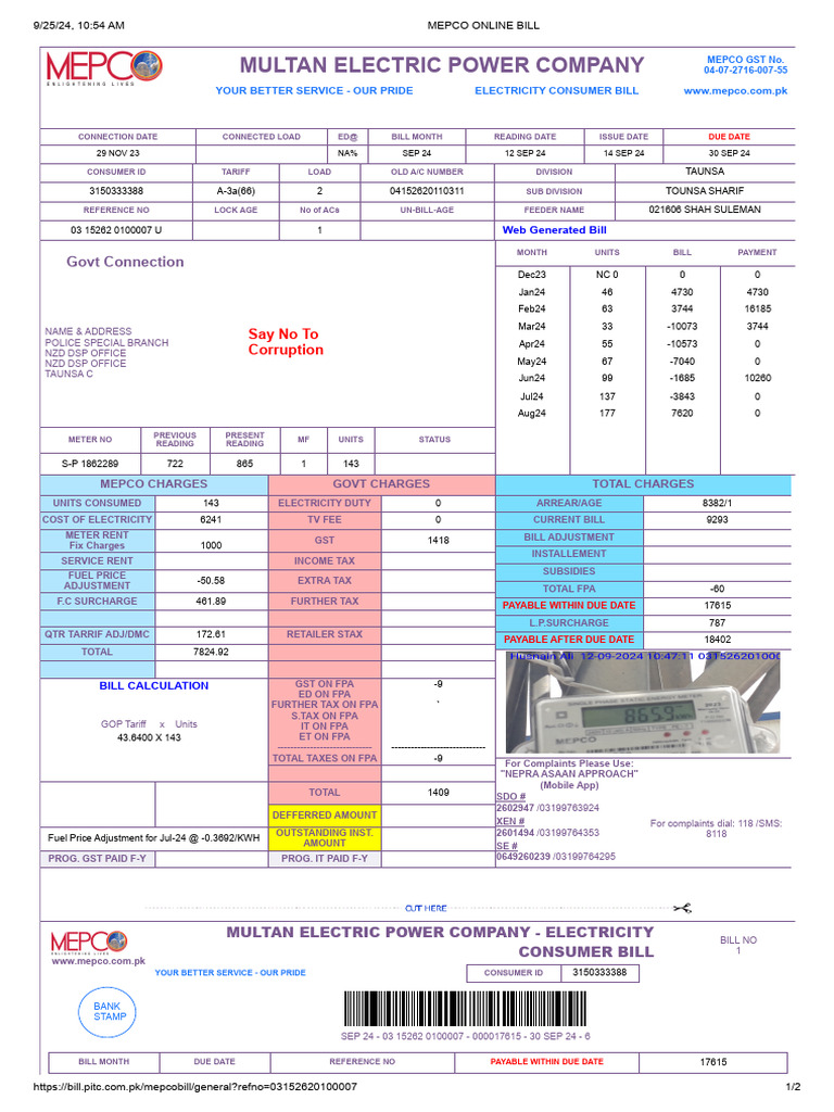 MEPCO ONLINE BILL-Sep.2024 | PDF