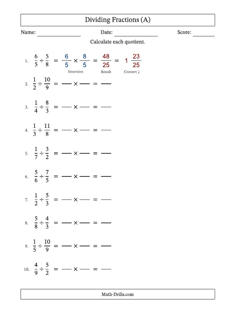 Dividing Proper and Improper Fractions With No Simplification | PDF