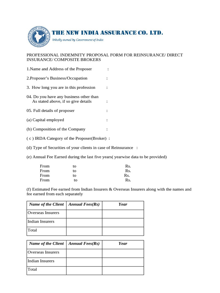 Professional Indemnity For Brokers-Proposal Form | PDF | Insurance ...