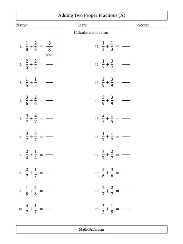 Adding Two Proper Fractions With Equal Denominators Pdf