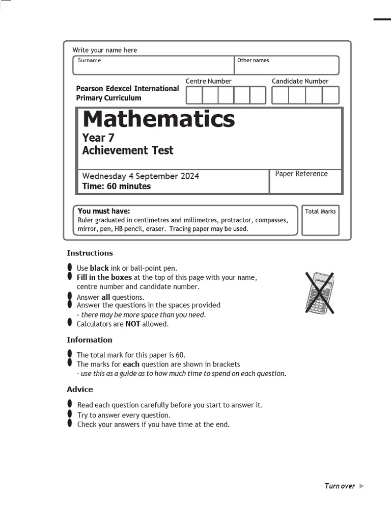 Mathematics: Year 7 Achievement Test | PDF