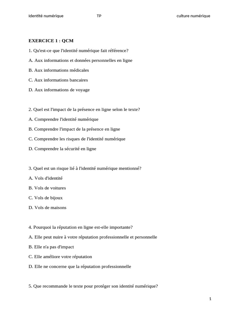 EXERCICE 1 QCM | PDF