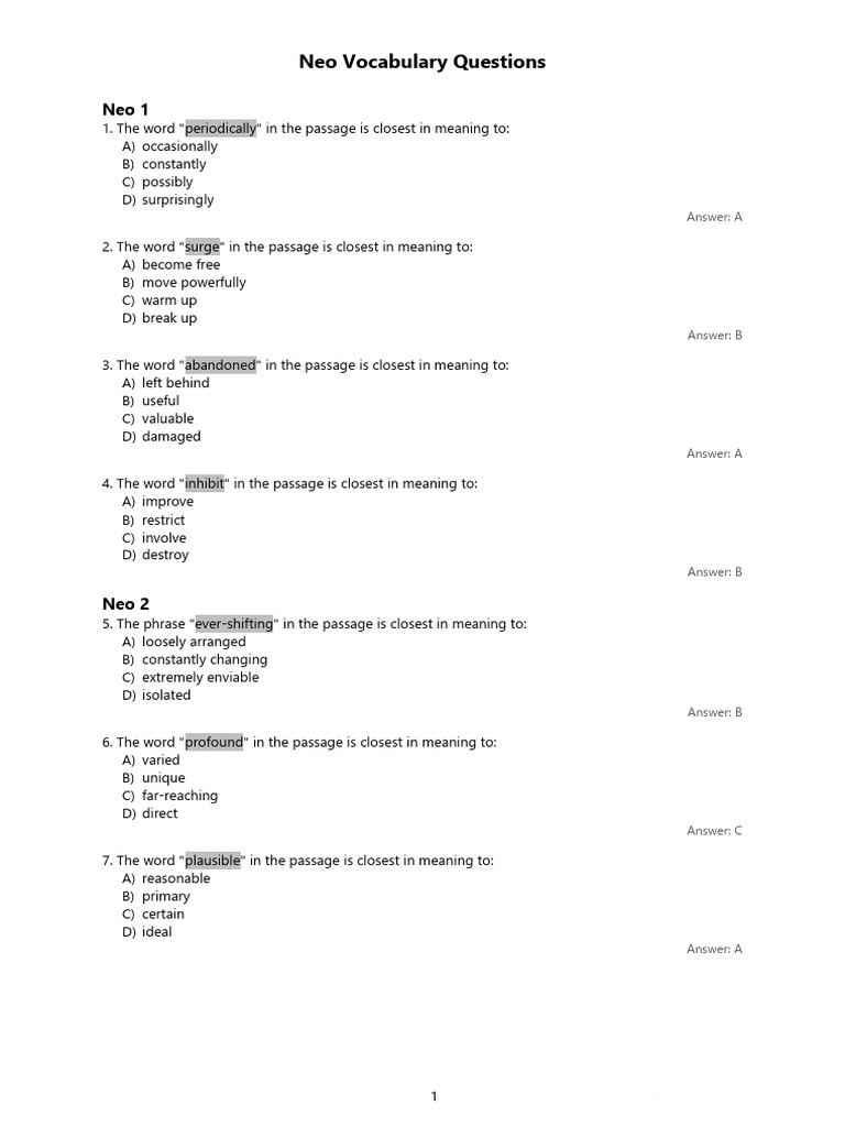 Neo Vocabulary Questions - One Col | PDF