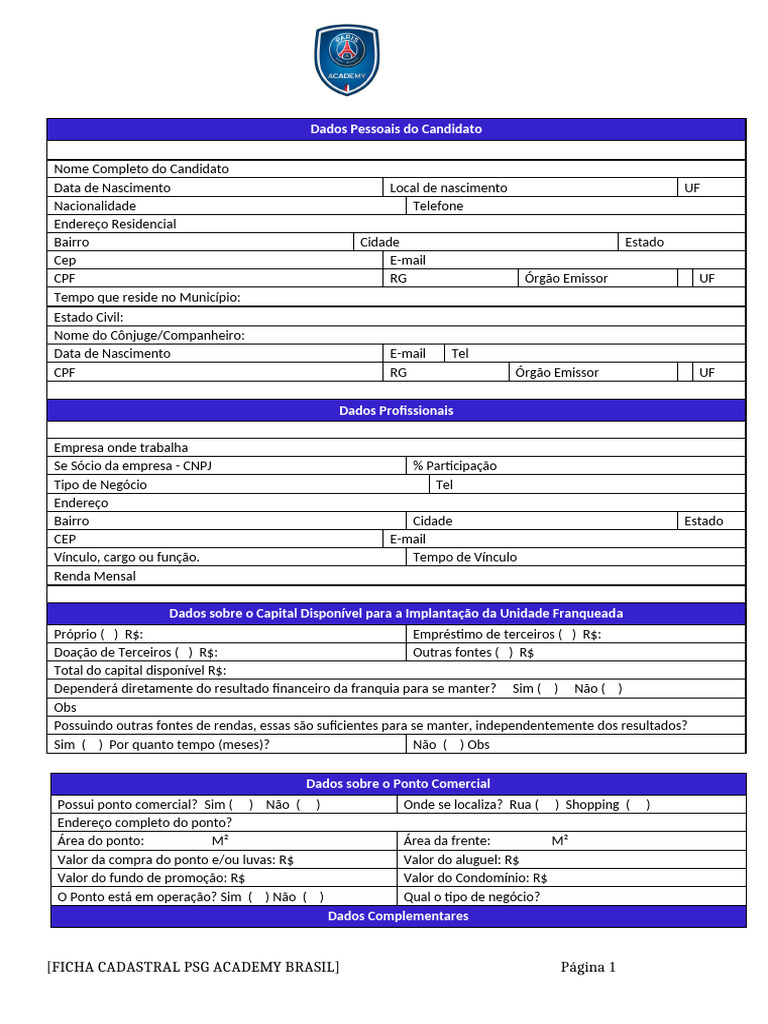 Ficha Cadastral - PSG Academy | PDF