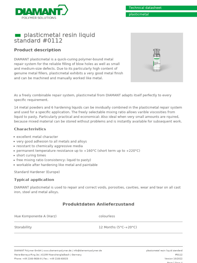 Diamant Technical Data Sheet Plasticmetal Resin Liquid Standard | PDF