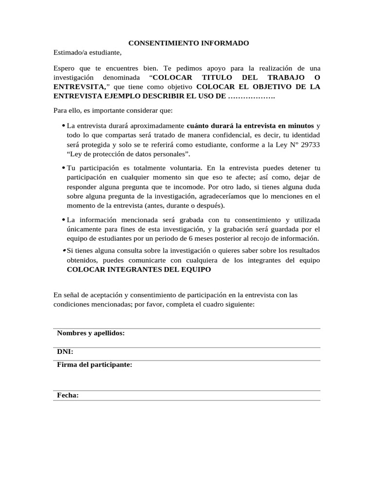CONSENTIMIENTO INFORMADO Ejemplo | PDF