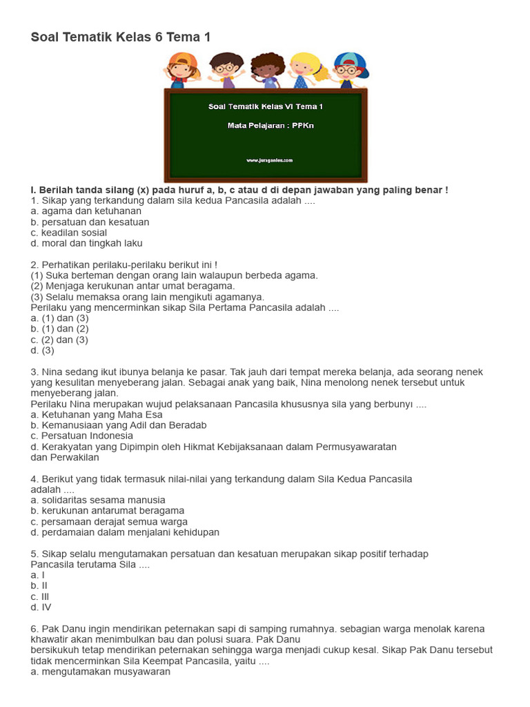 Soal Tematik Kelas 6 Tema 1 Mapel PPKN Dan Kunci Jawaban Juragan Les | PDF