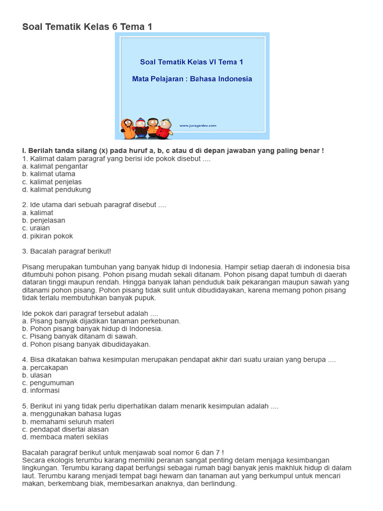 Soal Tematik Kelas 6 Tema 1 Mapel Bahasa Indonesia Dan Kunci Jawaban Juragan Les | PDF