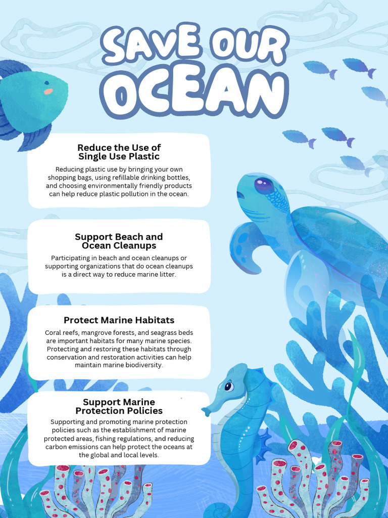 Blue and White Illustrative Save Our Ocean Poster | PDF
