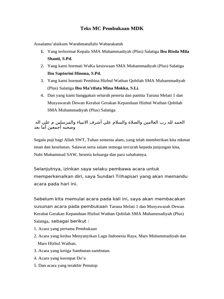 Teks MC Pembukaan HW | PDF