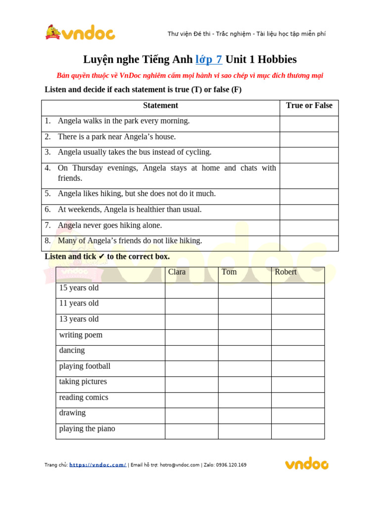 Luyen Nghe Tieng Anh Lop 7 Unit 1 Hobbies | PDF