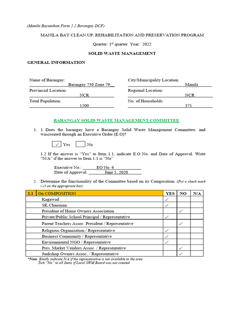 Solid Waste Management General Information: (Manila Bayanihan Form 2.2 ...