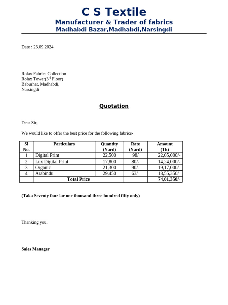 Quotation-CS Textile | PDF