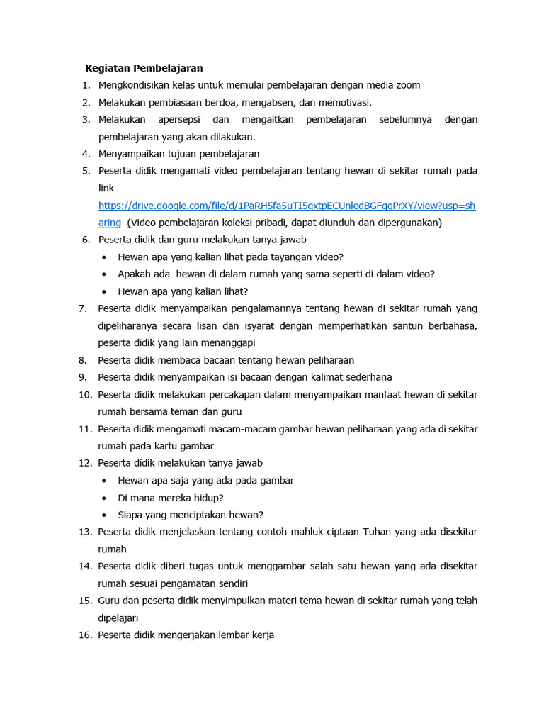 TEMATIK DETIL PEMBELAJARAN 10 HEWAN DI SEKITAR KITA | PDF