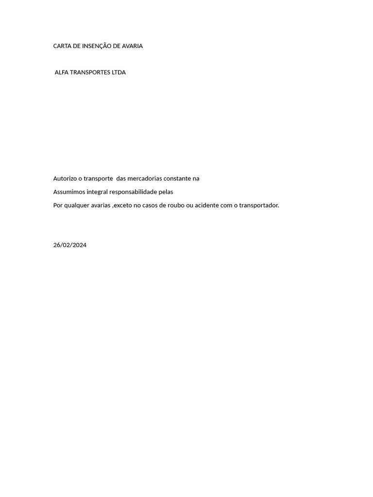 Carta de Insenção de Avaria | PDF
