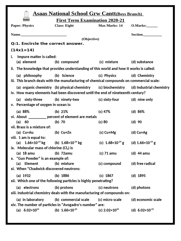 Paper Chemistry 8th Mcqs CH 1 | PDF