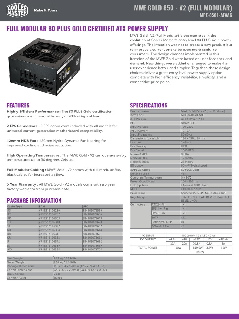 MWE Gold 850W V2 Modular PSU | PDF | Electric Power | Electrical Engineering