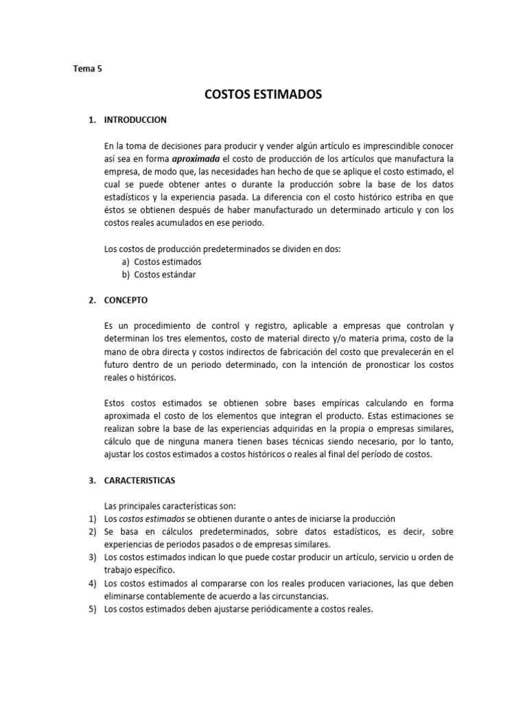Tema 5 Costos Estimados Primera Parte | PDF