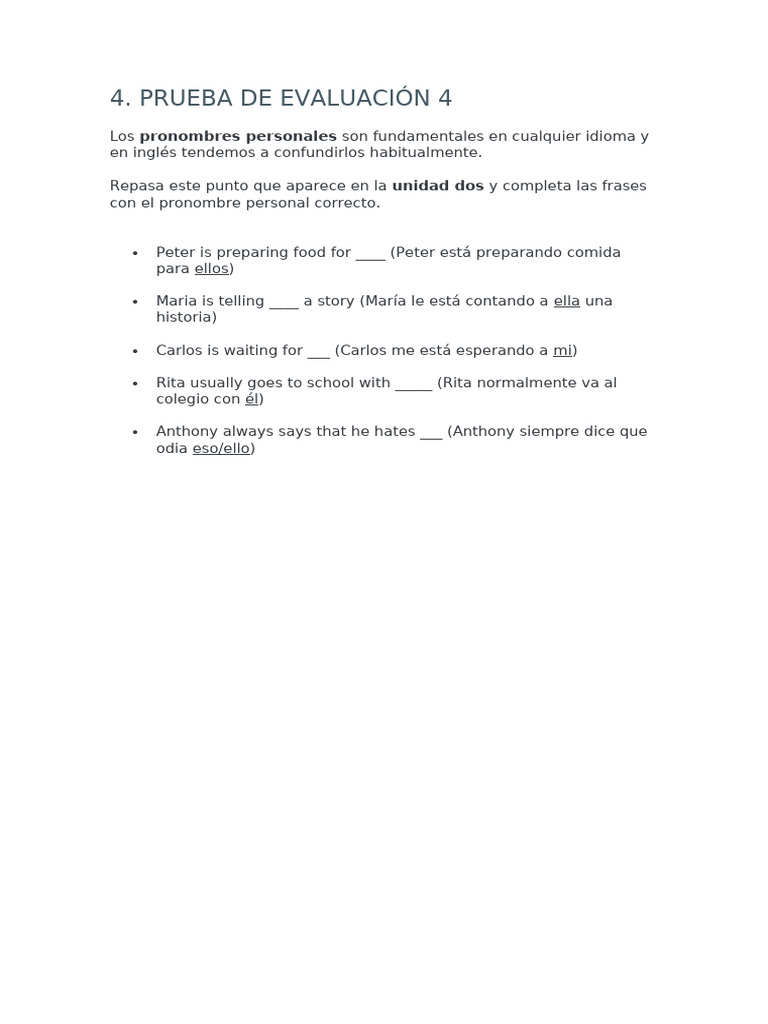 Prueba de Evaluación 4: Pronombres Personales | PDF