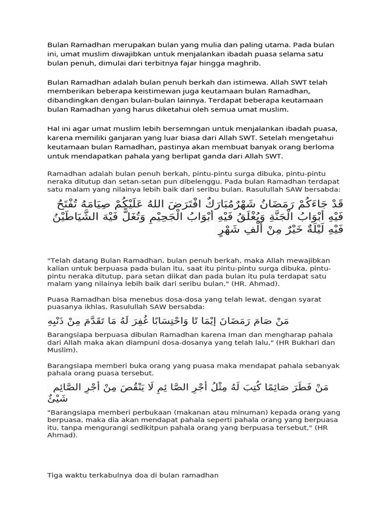 Bulan Ramadhan Merupakan Bulan Yang Mulia Dan Paling Utama | PDF