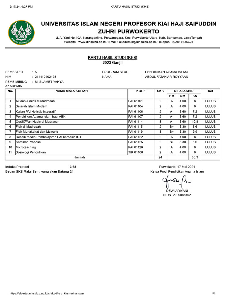 Kartu Hasil Studi (KHS) Dul | PDF
