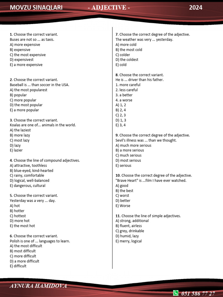 Movzu Sinaqlari 2024 - Adjective | PDF