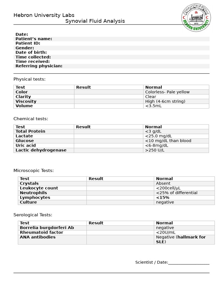 Synovial Fluid Analysis | PDF
