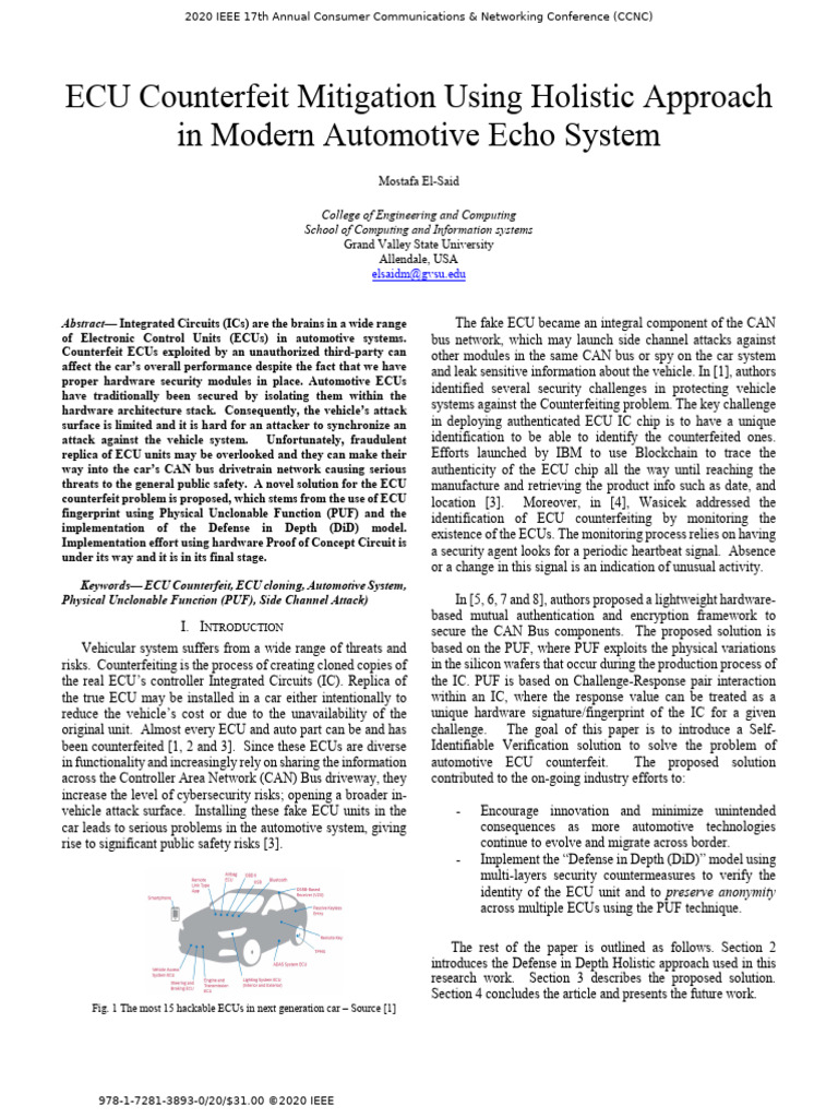 ECU Counterfeit Mitigation Using Holistic Approach in Modern Automotive ...