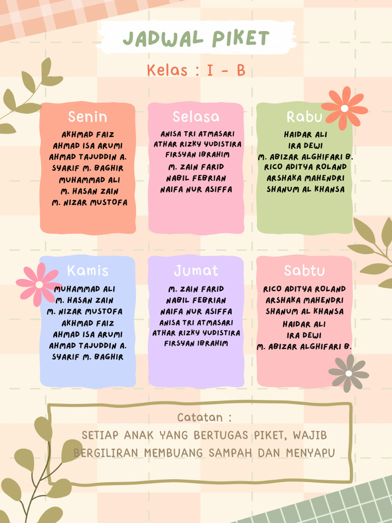 Warna Warni Bunga Imut Jadwal Piket Kelas | PDF