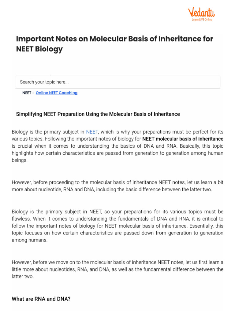 Important Notes On Molecular Basis of Inheritance For NEET Biology | PDF