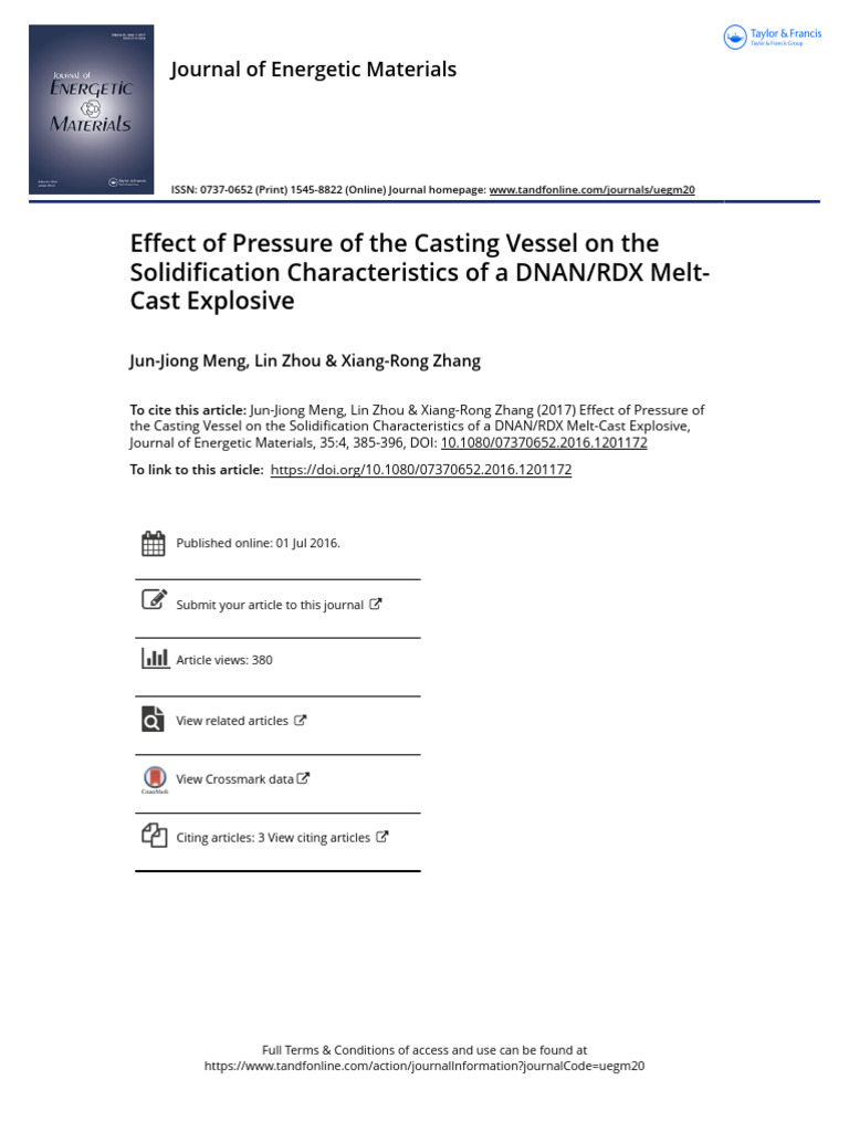 Effect of Pressure of The Casting Vessel On The Solidification Characteristics of A DNAN RDX ...