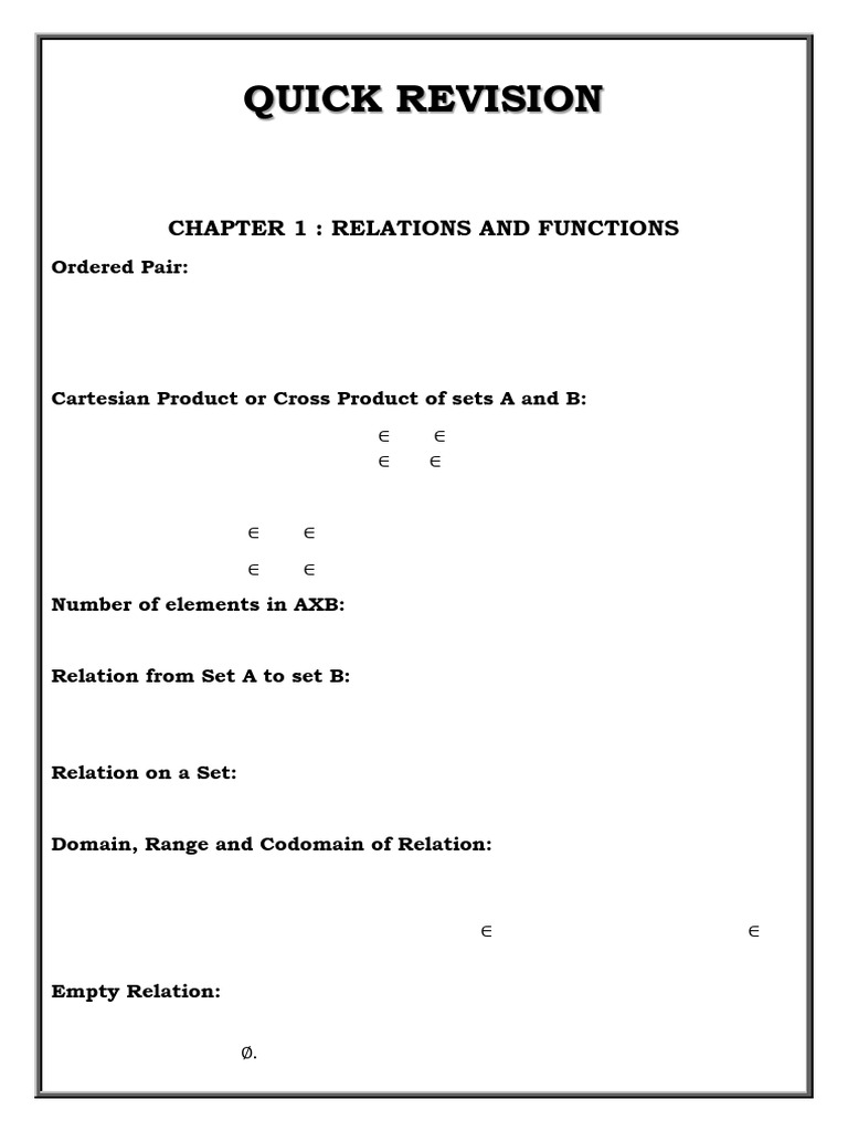 XII MATHS QUICK REVISION-RELATION AND FUNCTION | PDF